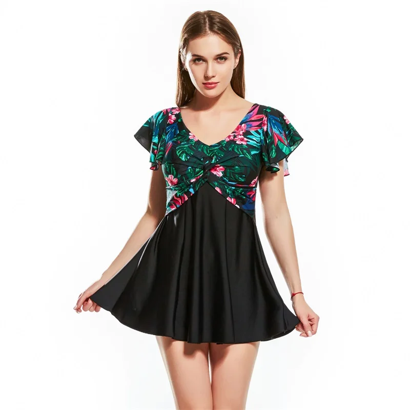 Ruffle Sleeve Dress Plus Size Swimwear Women Printed Tankini Set Two Pieces Swimsuit Beach