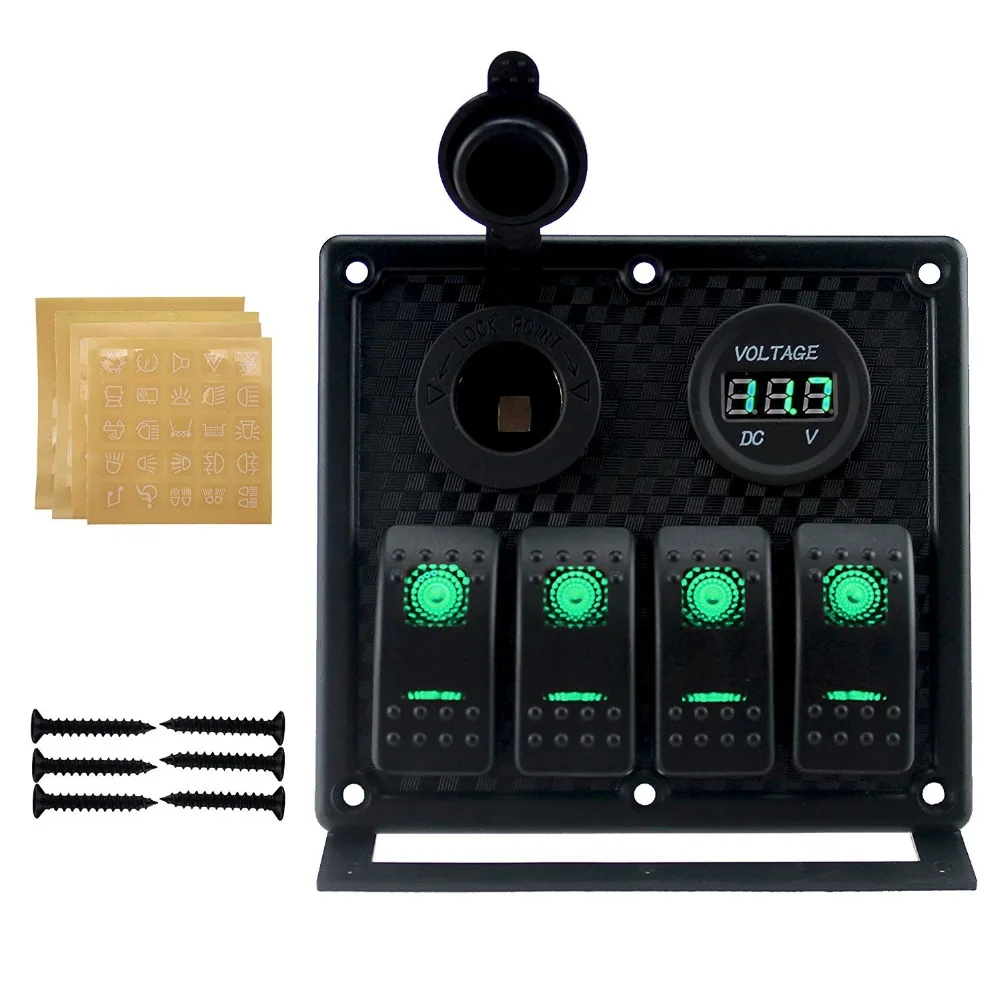 녹색 Led 4 구 토글 로커 스위치 패널 12v 전압계 전원 소켓 인라인 퓨즈 데칼 스티커 라벨 해양 보트 자동차 Rv용