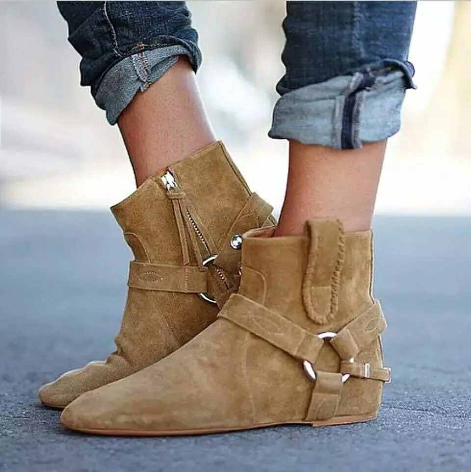 Spring Autumn Vintage Ankle Boots Suede Leather Women's Flat Zipper ...
