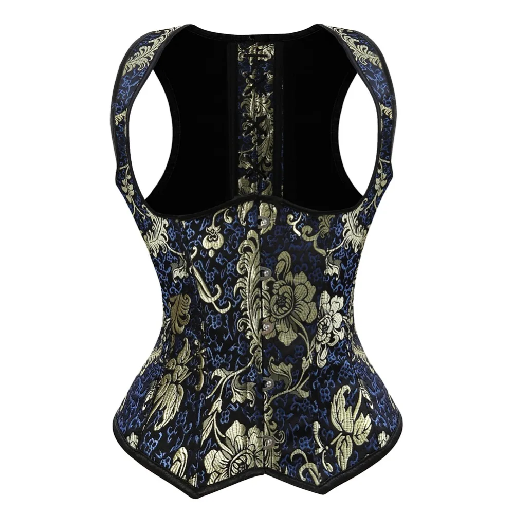 Women Gold Floral Brocade Halter Neck Cupless Corset Underbust Waist ...