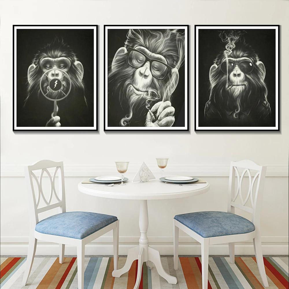 Black And White Animal Poster Monkey Smoking With Glasses Wall Art ...