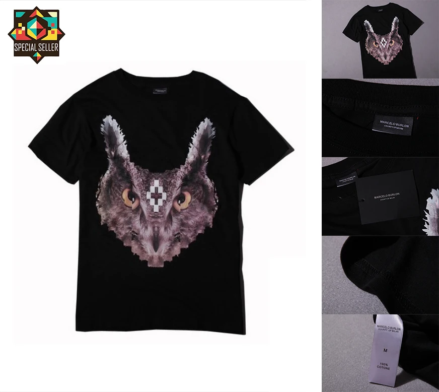 2015 New Men Marcelo Burlon Brand Owl 3d Print Solid T-shirts Camisetas ...