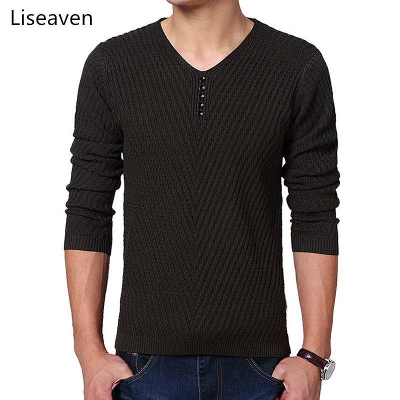 Liseaven Autumn Winter Men's Solid Color Sweater V-Neck Pullovers Mens ...