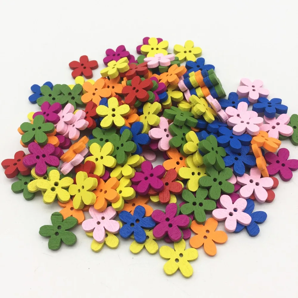 100pcs-15mm-7-Colors-Flower-Shaped-Wood-Buttons-2-Holes-Sewing ...