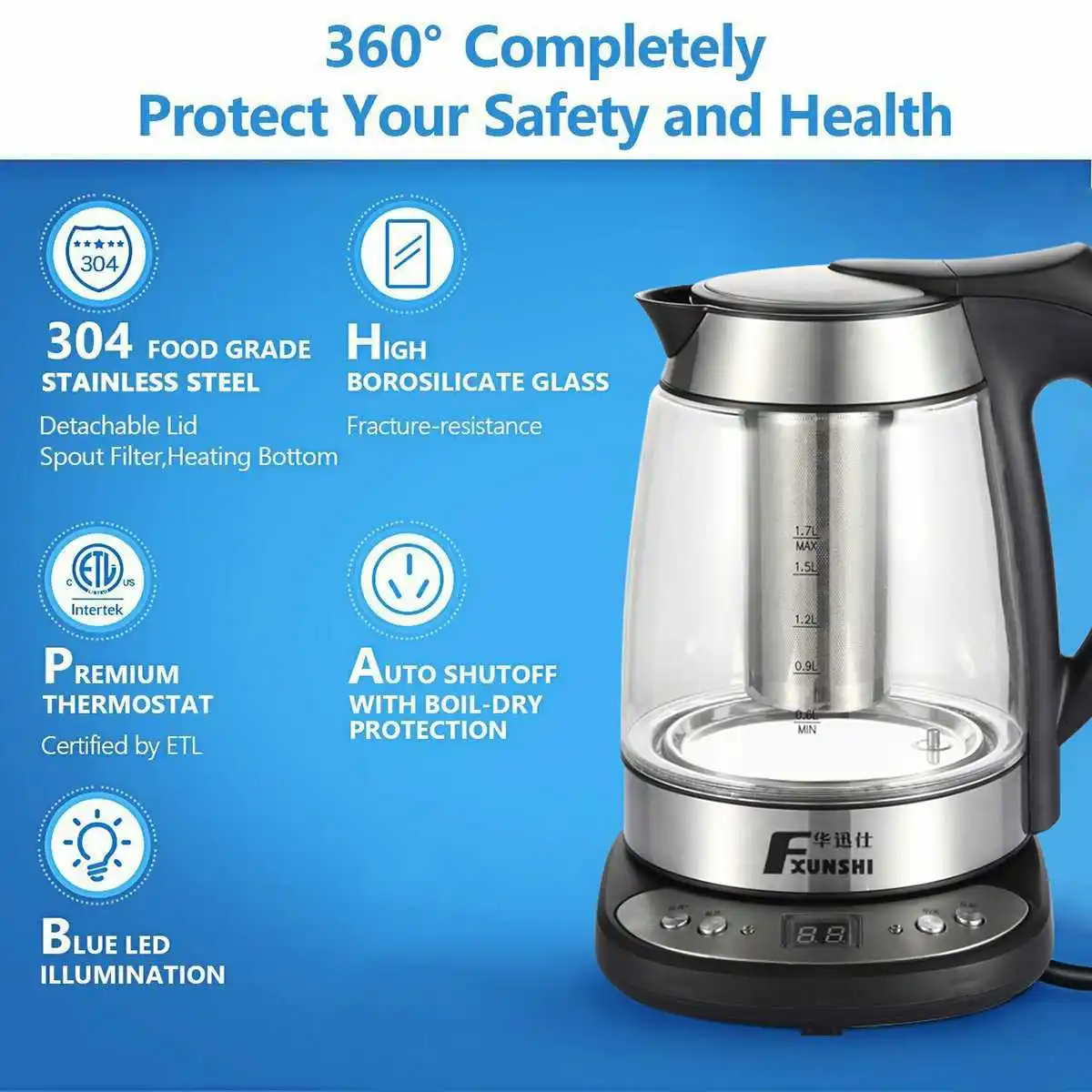 1.7L 220V High Borosilicate Glass Electric Kettle Built-in Tea Basket ...