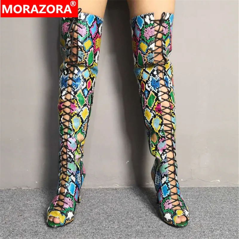 MORAZORA 2020 hot sale over the knee boots snake open toe summer boots gladiator high heels ...