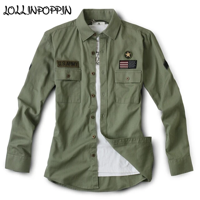Military Style Men Army Green Casual Shirts 100% Cotton Mens Army Shirt ...