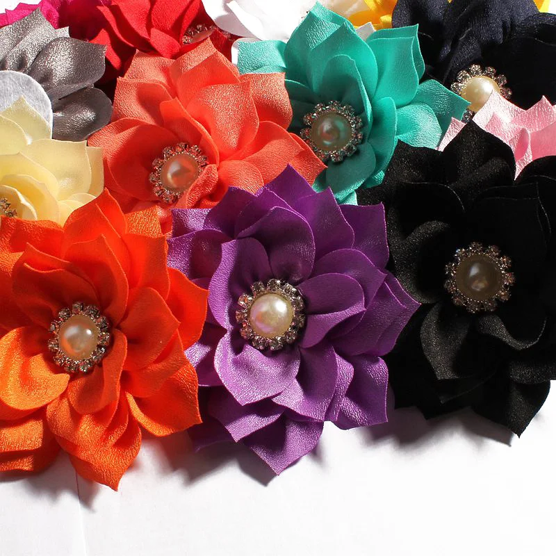 120pcs/lot 3.6" 13colors Lotus Flower With Rhinestone Pearl Button For ...