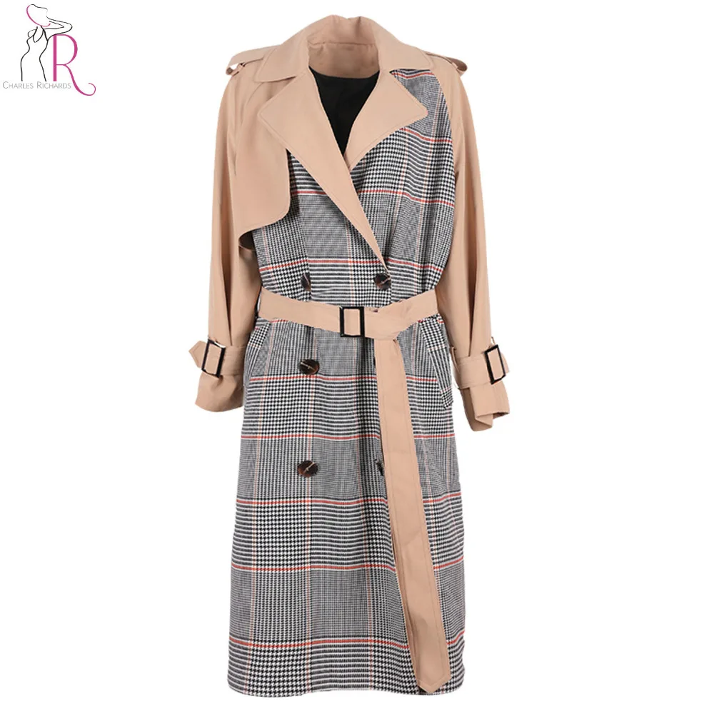 Khaki Patchworked Plaid Wide Lapel Longline Trench Coat Women Tie Waist ...