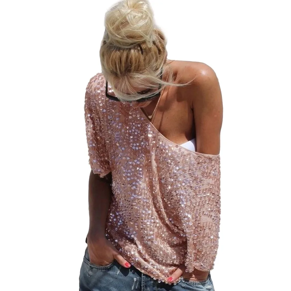 Sexy Loose Off Shoulder Sequin Glitter T Shirts Women Short Sleeve
