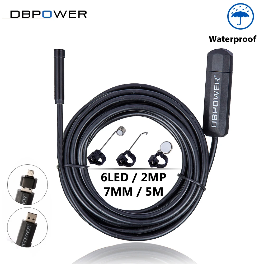 DBPOWER Endoscope 5M 7mm USB 2.0 Borescope Waterproof Snake LED HD ...