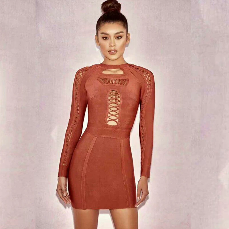 2017 Women Spring Brown Sexy Bodycon Club Party Dresses Hollow Out