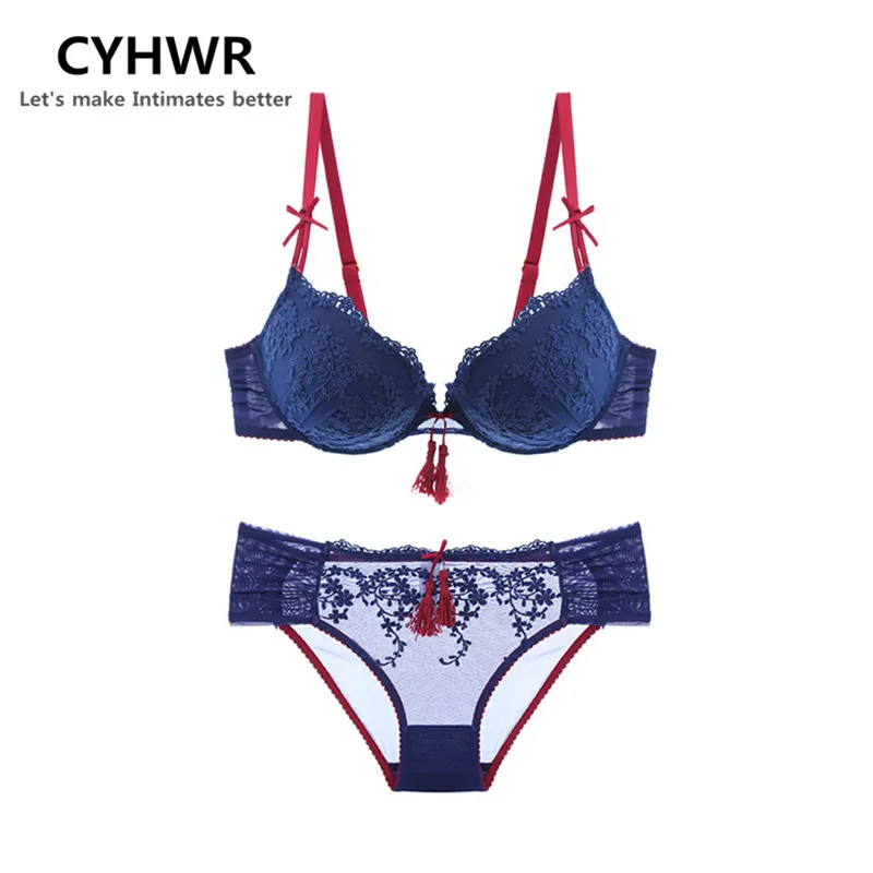 Cyhwr Sexy Lace Bow Underwire 34 Cup Bra Set Underwear Floral
