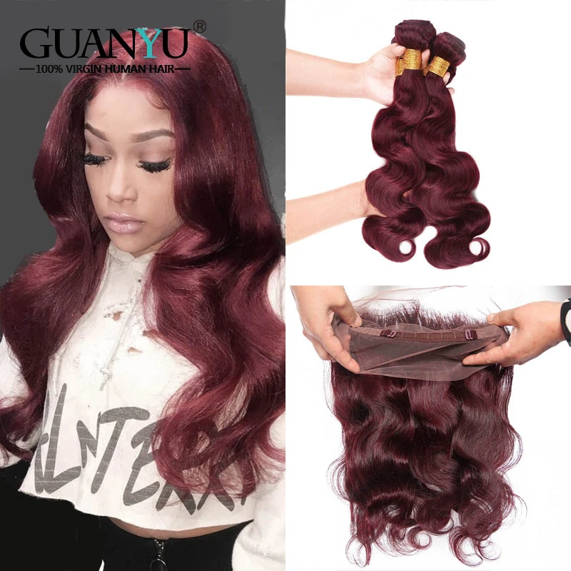 Guanyuhair #99J Burgundy Red 3 Bundles With 360 Lace Frontal Body Wave ...