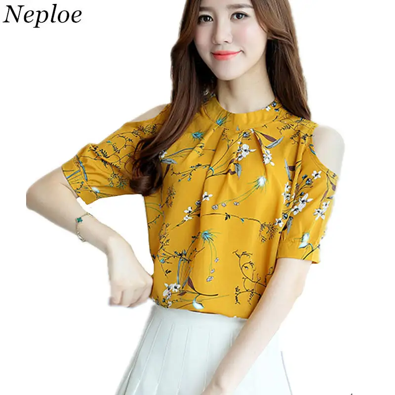 Neploe Strapless Blouse Floral Shirt 2018 Summer Short Sleeve O Neck