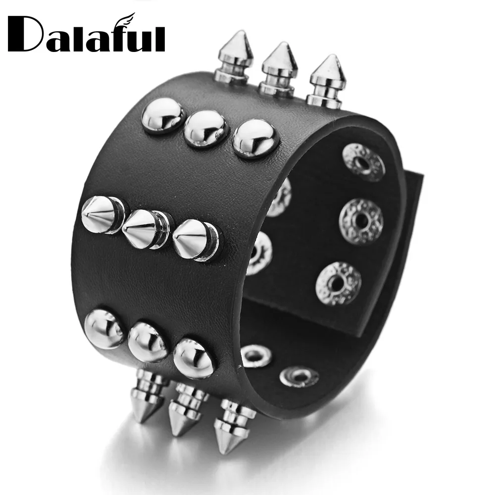 Unisex Metal Cone Stud Spikes Rivet PU Leather Biker Wristband Wide ...