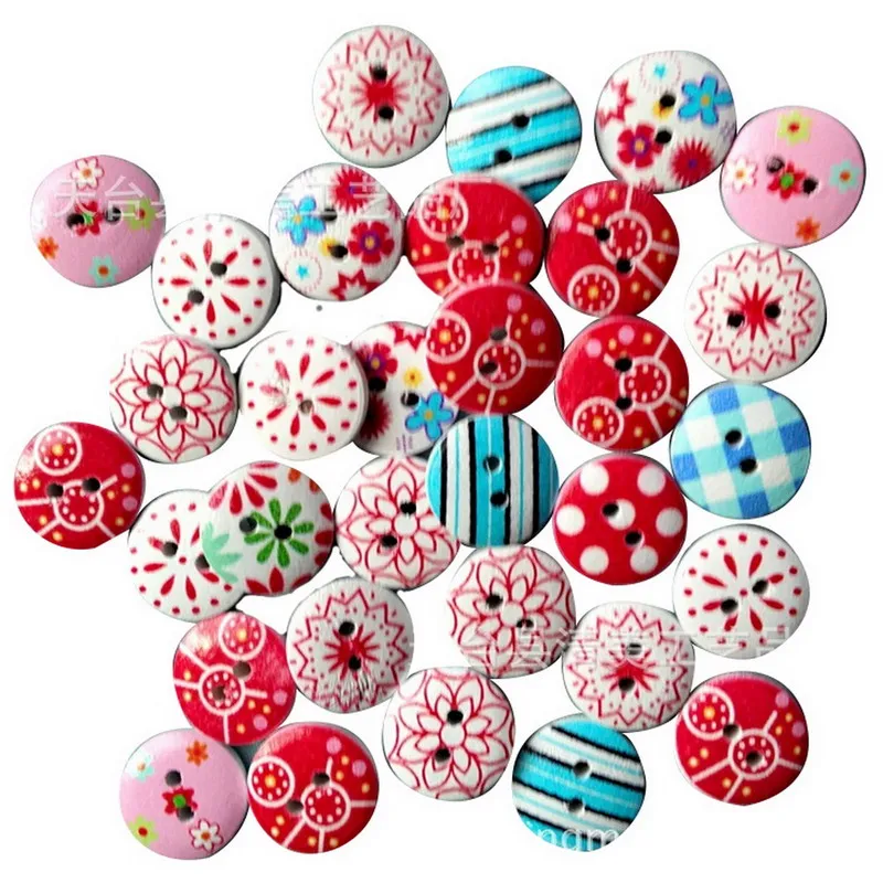 100PCS lovely flowers painted wooden decorative buttons garment ...