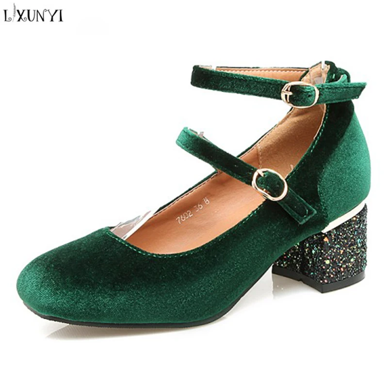 LXUNYI Womans Green Party Shoes Fashions 2018 Buckle Strap Flock Square ...