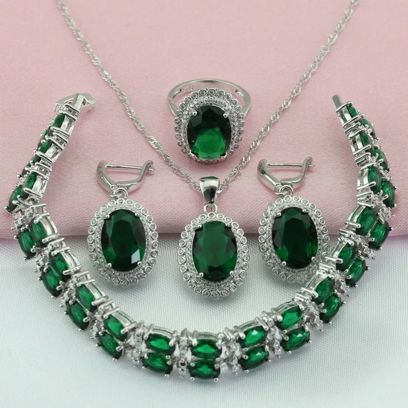WPAITKYS Oval Green Cubic Zirconia Silver Color Bridal Jewelry Sets For ...