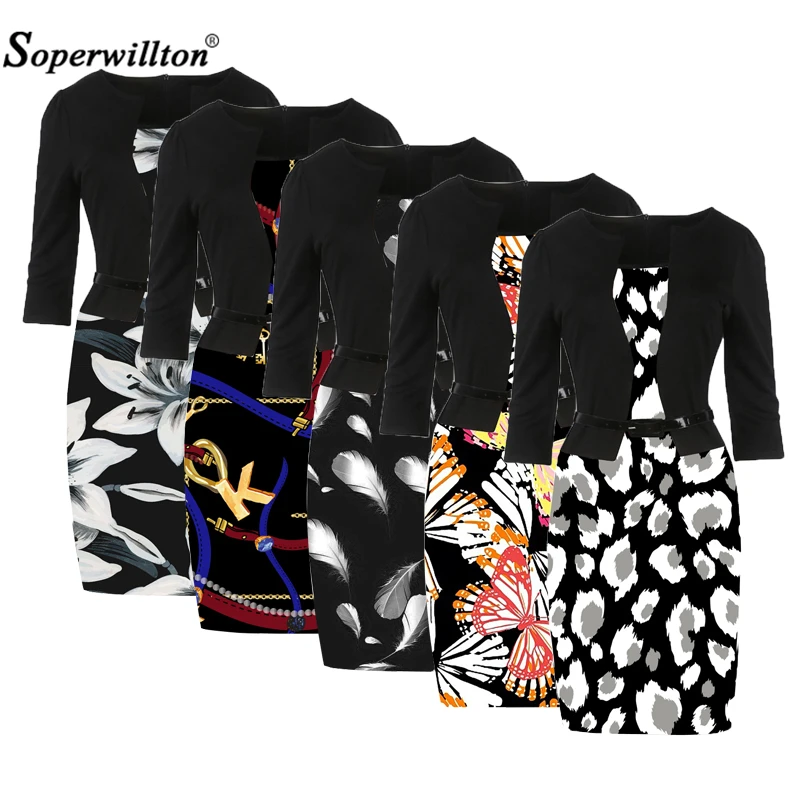 Women Dress One Piece Elegant OL Lady Party Formal Vintage Black Floral ...