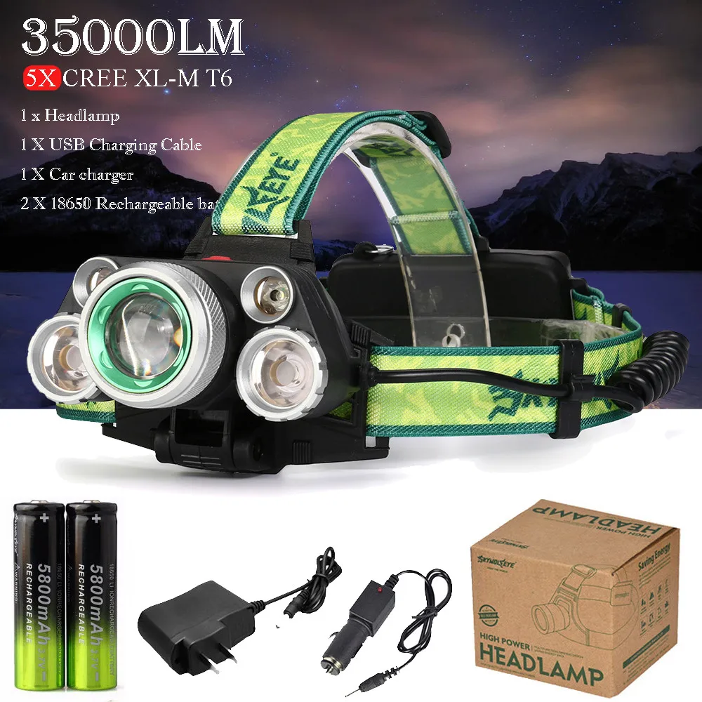 Muqgew 35000lm 5x Cree Xm-l T6 Led Headlamp Headlight Flashlight High ...