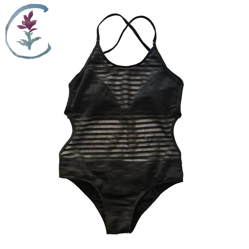 CATTLEYA Striped Mesh Sheer One Piece Swimsuit Cut Out Monokini High ...