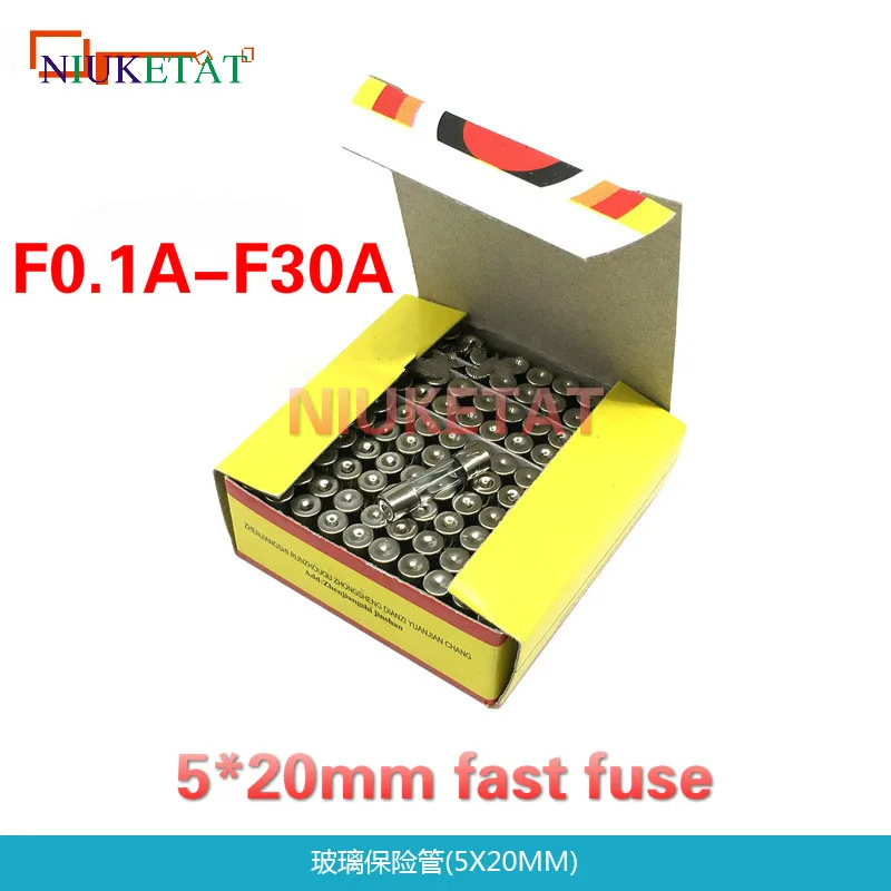 100pcs/box 5*20mm Glass fuse 0.1A-30A Fast fuse 250V 5*20 F0.1A-F30A ...