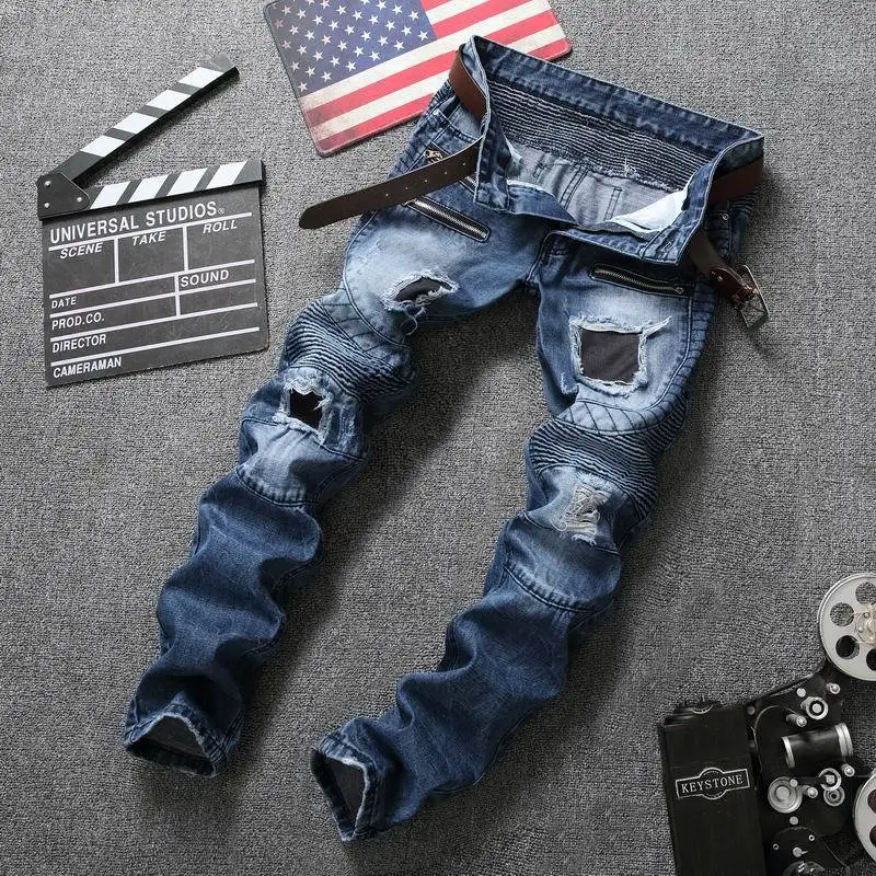 New Men Biker Jeans Classic Denim Male Distressed Motocycle Jeans ...