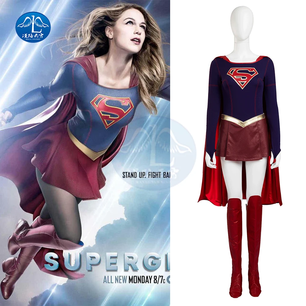 Supergirl Cosplay Costumes Full Set Super Women Sexy Fancy Dress With Boots Cover Cloack Girls