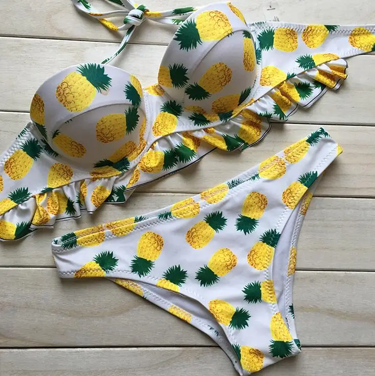 Push Up Beach Cover Up Printing Sexy Praia Neon Pineapple Bikini Set