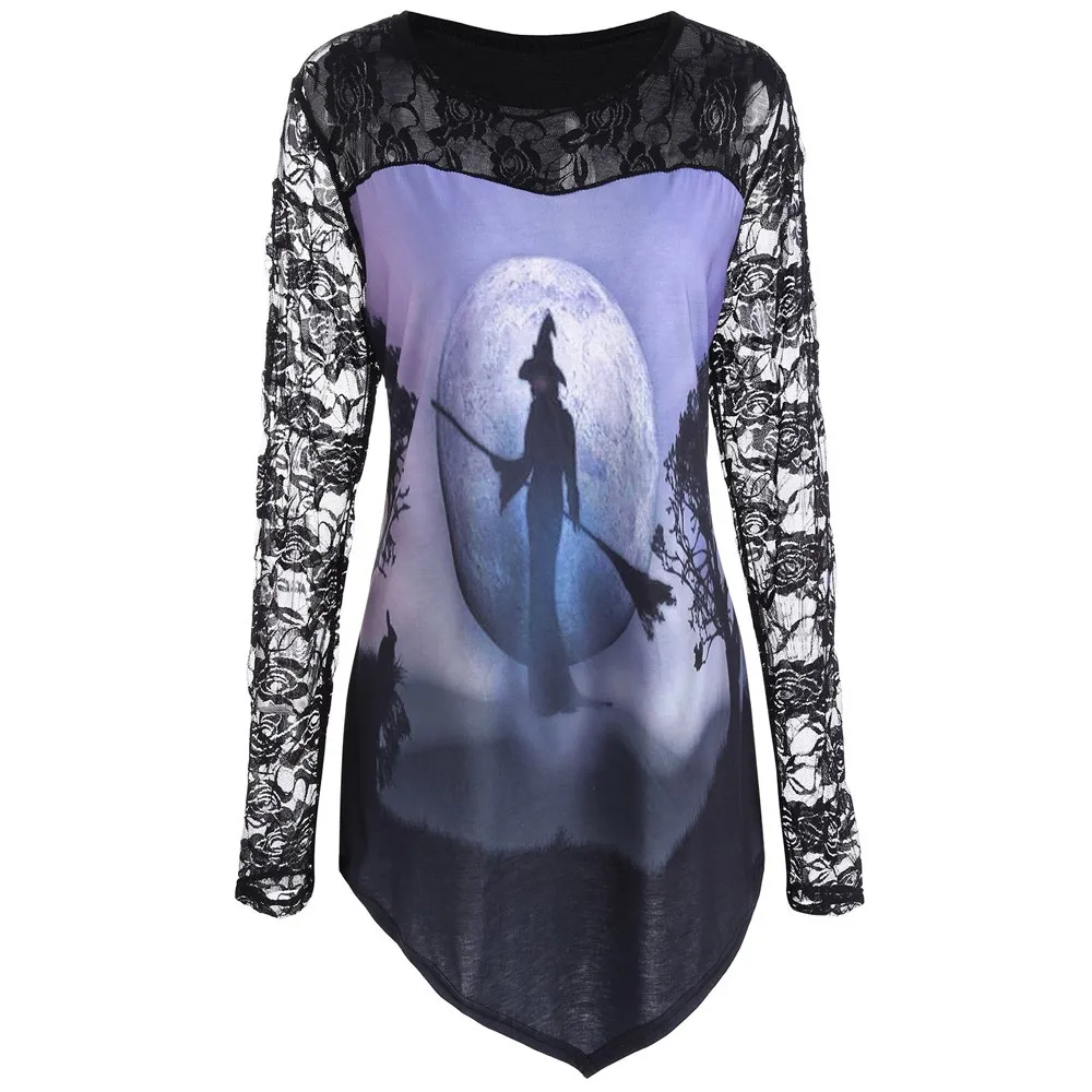 Halloween Witch Print Womens Tops And Blouses Shirt O Neck Lace Hollow