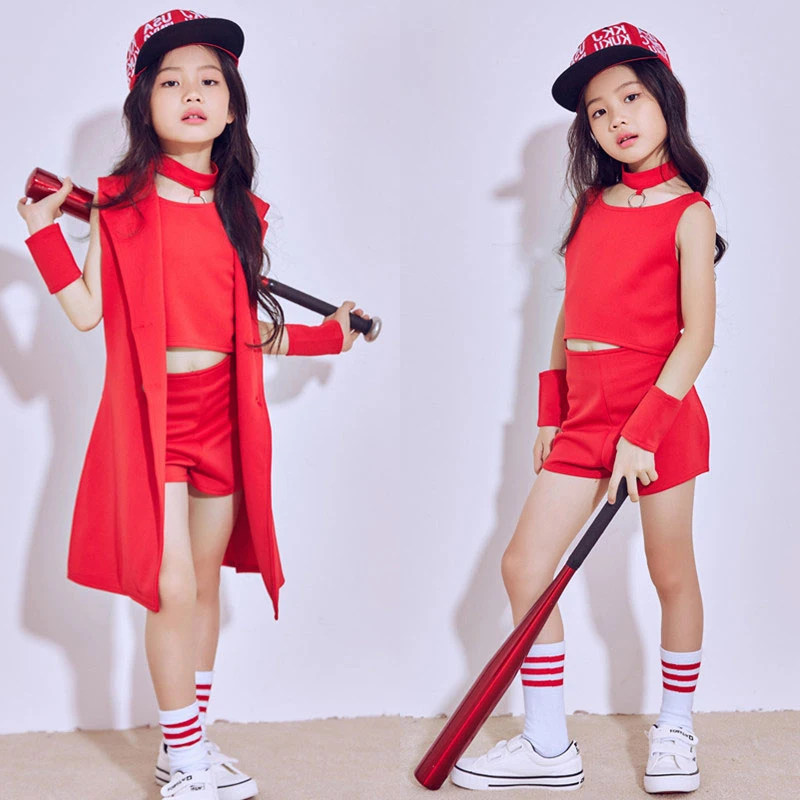 Children Jazz Dance Costumes for Girls Red Street Modern Dance Suit ...