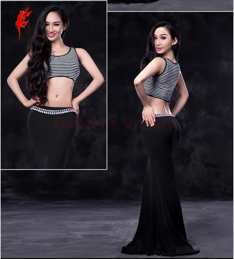Women Belly Dancing Clothes Sexy Modal Stripes Sleeveless Top Long