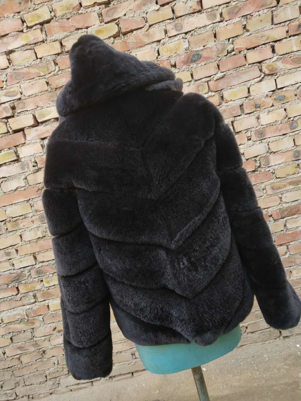Short Light Grey Diagonal Stripes Rex-Fur Hooded Coat Jacket Black Real ...
