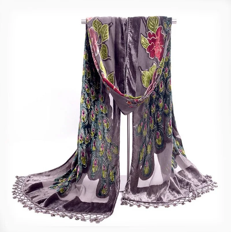 Gray Handmade Beaded Embroidery Shawl Scarf Chinese Style Women Velvet ...