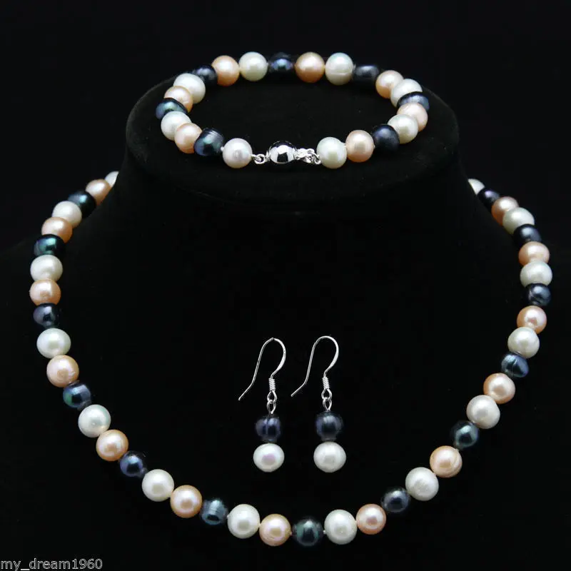 Натуральный 8-9 мм белый розовый чёрный пресноводный жемчуг ожерелье ...