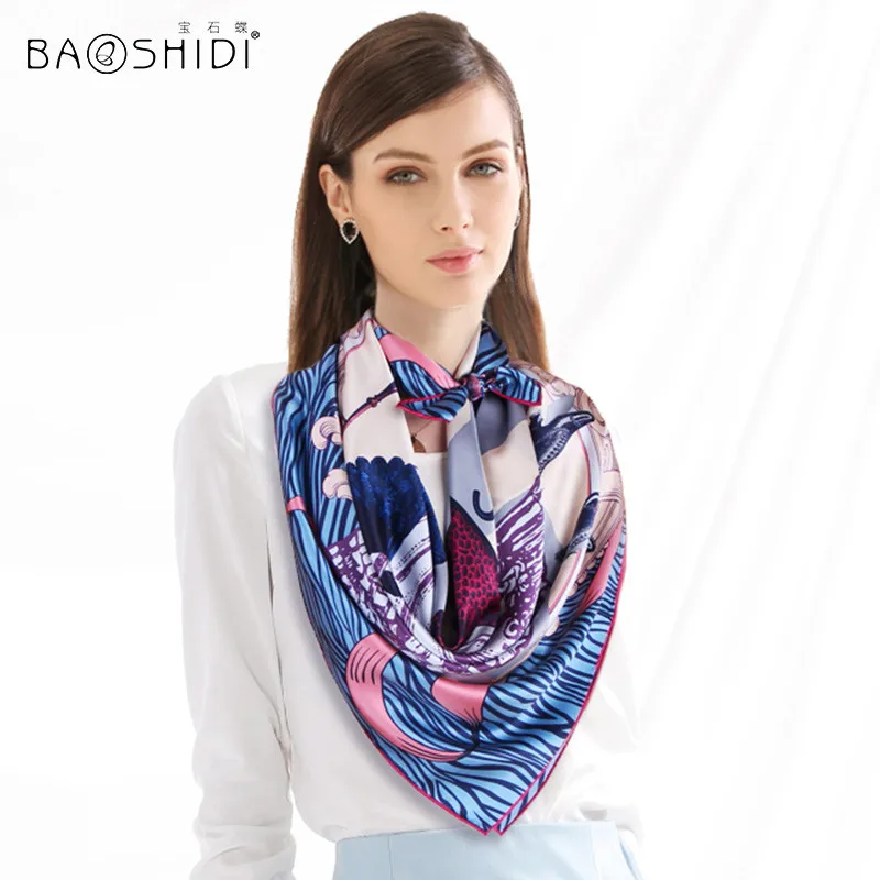 Baoshidi 럭셔리 브랜드 오리지널 디자인 순수 실크 스퀘어 패턴 스카프 핸드 프린트 핸드 롤드 비치 커버 업 방한