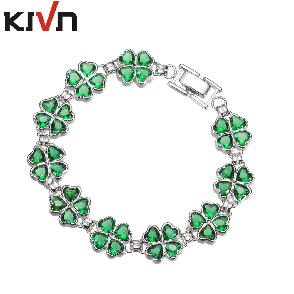 KIVN สตรีแฟชั่นเครื่องประดับ Lucky Four Leaf Clover สีเขียว CZ Cubic ...
