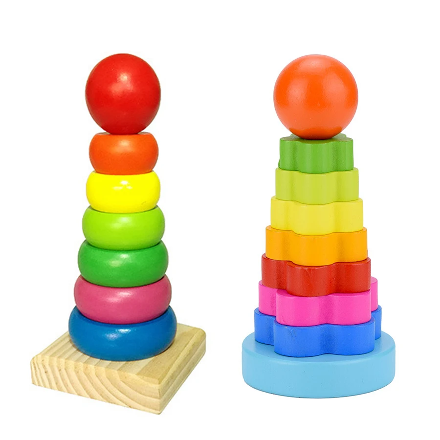 Educational Wooden Rainbow Tower Stacking Toys Stack Up Blocks Donut ...