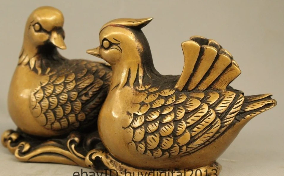 8" Folk Chinese Bronze Copper 2 Love Bird Mandarin Duck Aix ...