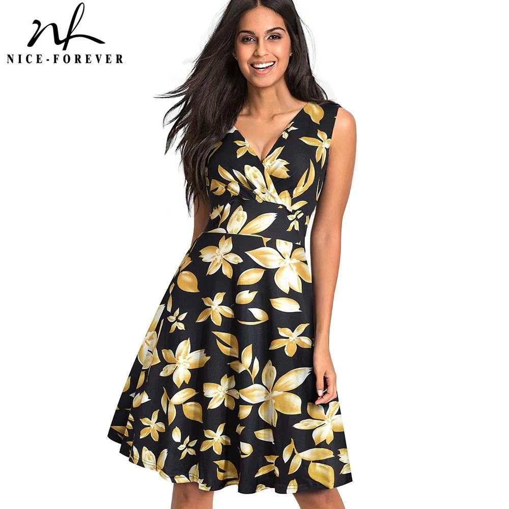 Nice Forever Vintage Elegant Flowery Pleated Summer Vestidos A Line