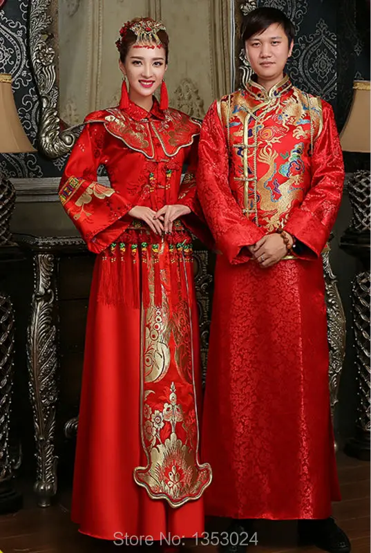 Fashion Men Women Two Cheongsam Suit 2016 New Design Vintage Bride Red ...
