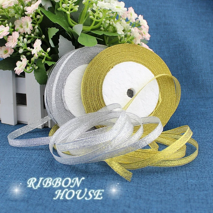 (25 yards/roll) 3/8'' (10mm) Gold and Silver ribbon Christmas packaging ...