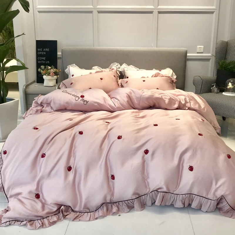 Lovely Pink Tencel Egyptian Cotton Embroidery Bedding Sets Queen King