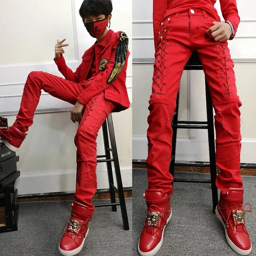 Men Casual Pants Personality Slim Zipper Pants Red Pants Male Hip Hop ...