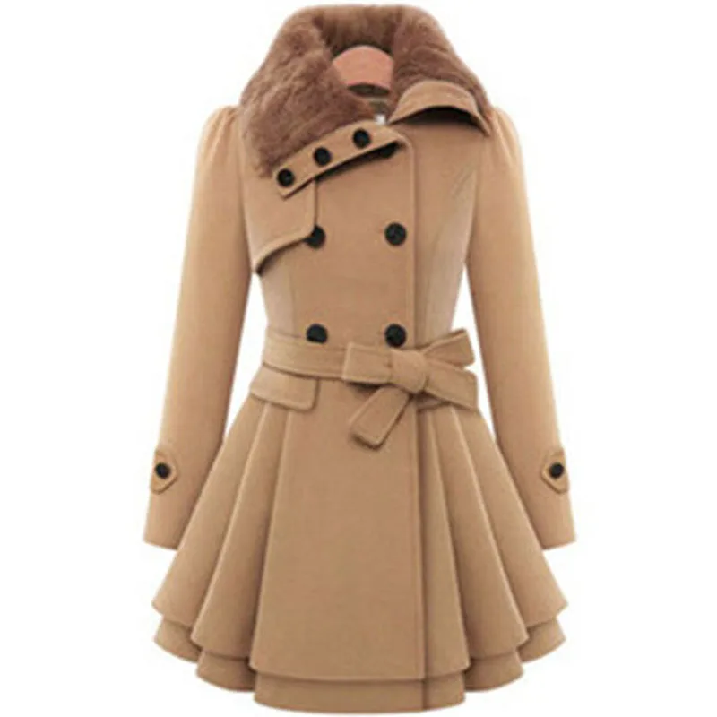Women Wool Blend Khaki Coat Winter Fur Collar Asymmetrical Button Belt Overcoat Autumn Winter