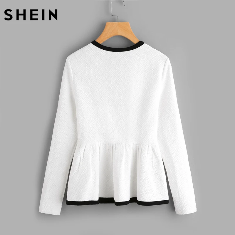 Shein Contrast Binding Textured Peplum Shirt White Women Tops Blouses