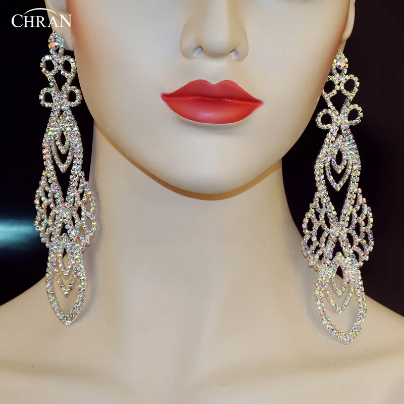 Chran Vintage Ab Rhinestone Silver Plated Ultra Long Earrings For Women