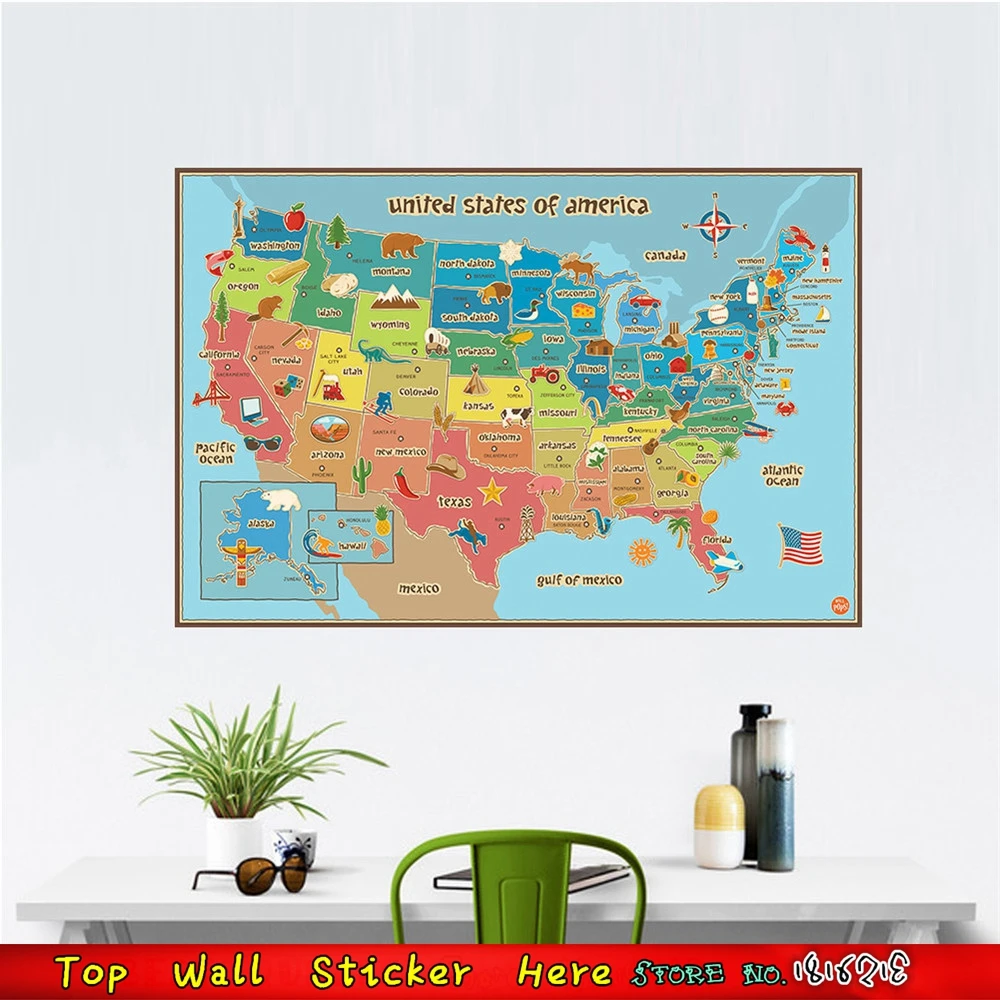 Cartoon United States World Map Of American USA Wall Sticker For Kids ...