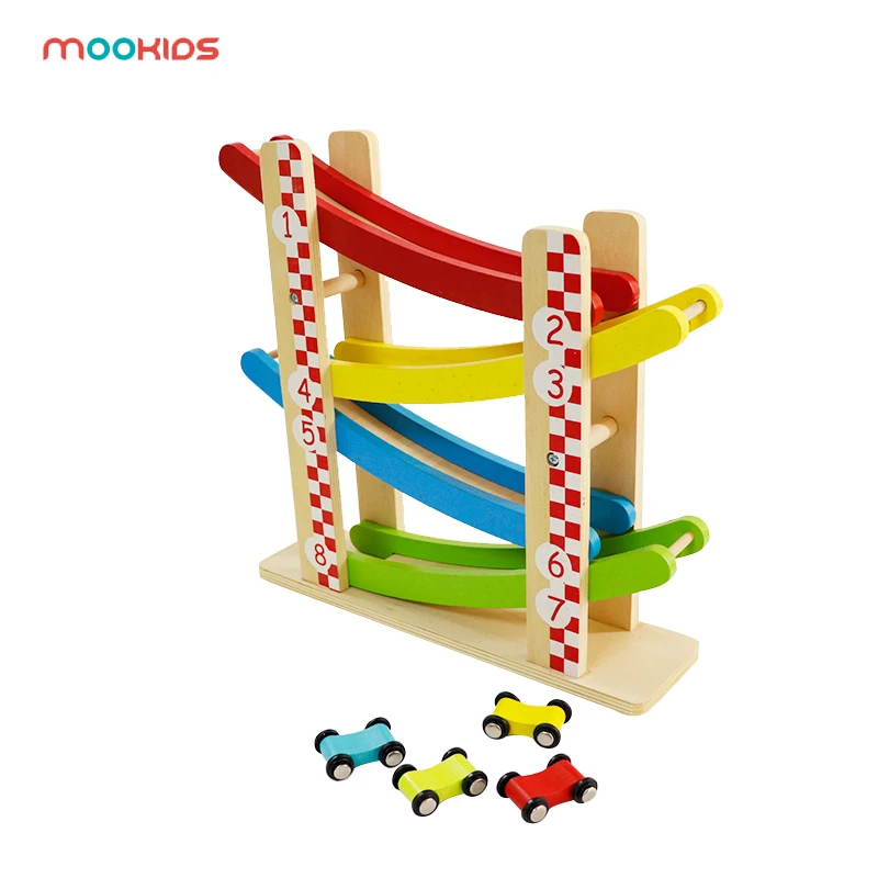 Mookids Wooden Train 4-Layer Race Track & 4 Mini Inertia Race Car ...
